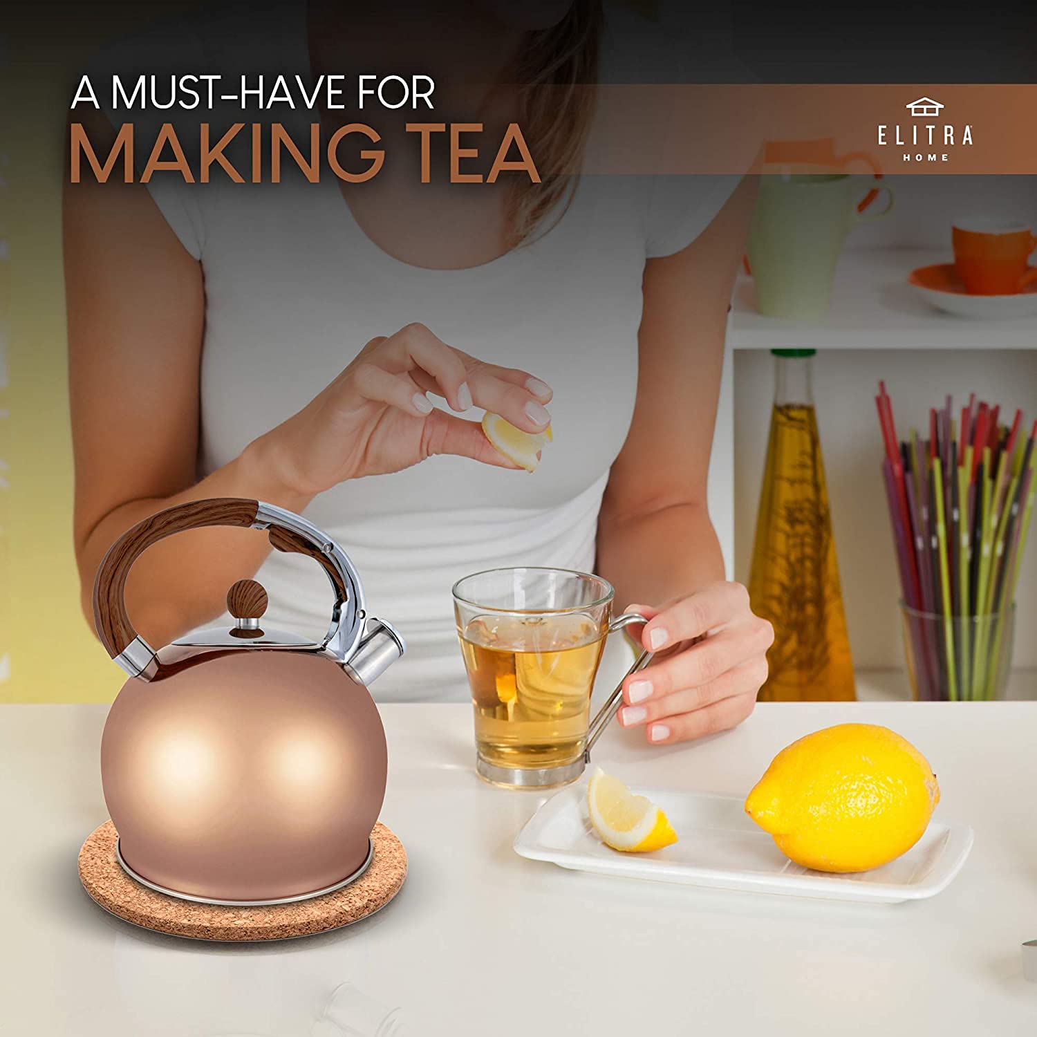 ELITRA HOME Stove Top Whistling Fancy Tea Kettle Stainless Steel Tea Pot with Ergonomic Handle 2.7 Quart / 2.6 Liter (SATIN)