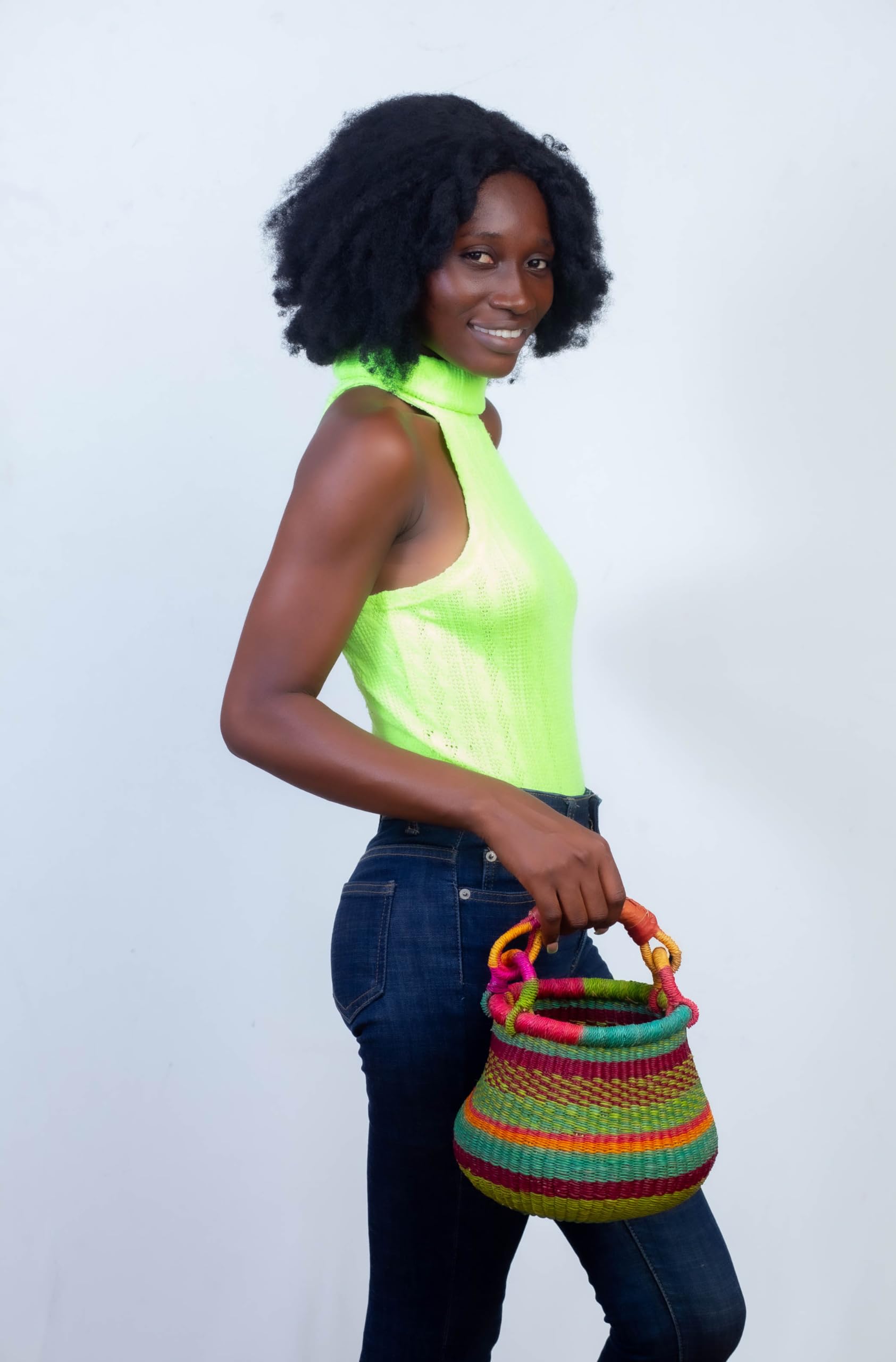 Market Basket Handwoven in Ghana Pot Shopping Bolga Leather Handle Storage African Basket (Large)