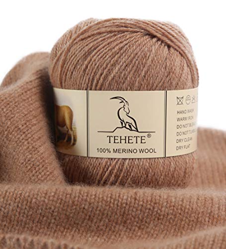 TEHETE 100% Merino Wool Yarn for Knitting 3-Ply Luxury Warm Soft Lightweight Crochet Yarn (Khaki)