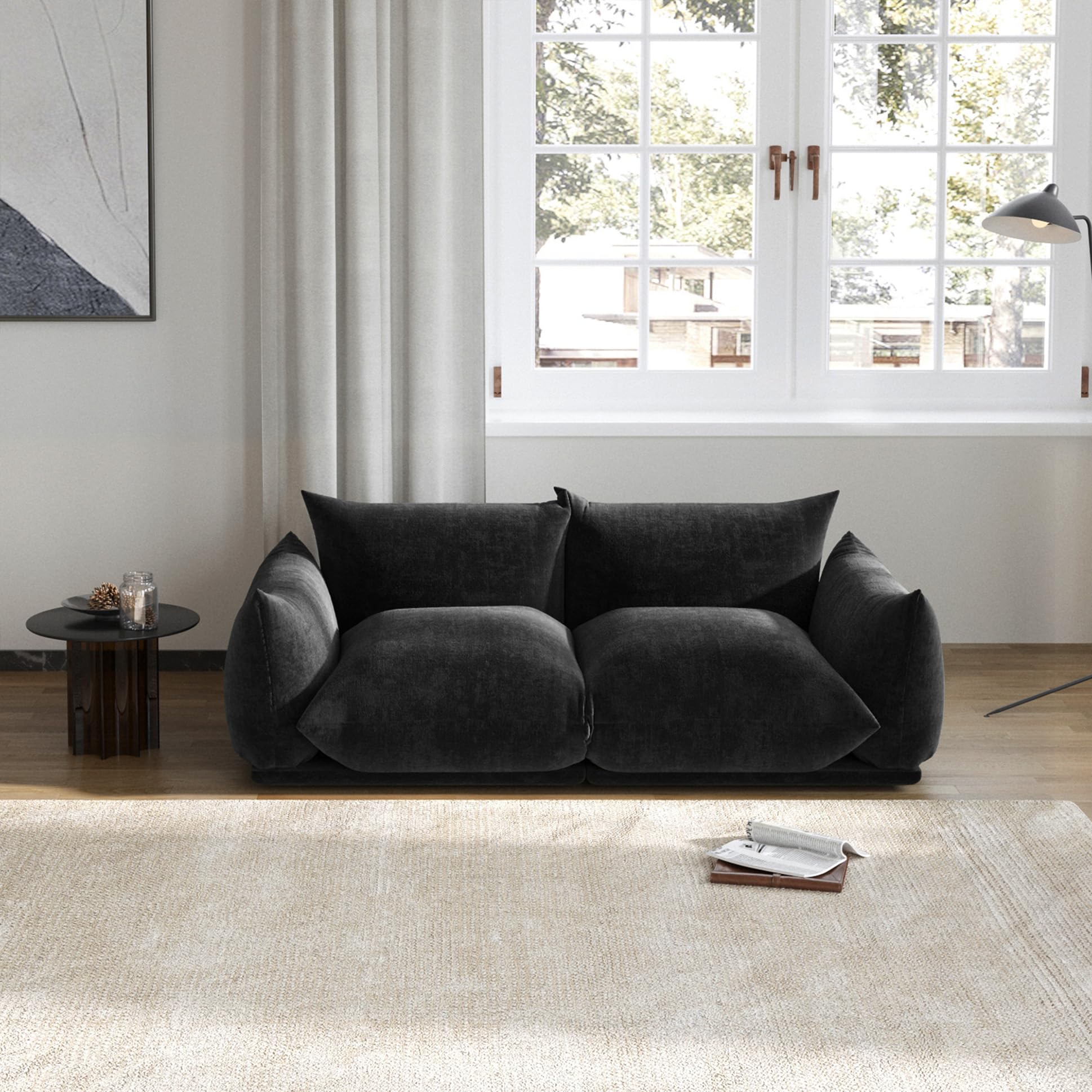 JACH Mid-Century Modern Sectional Couch, Chenille Couch Deep 2-Seats Couches with Thick Cushion, 77" Plush Sofas Furniture for Small Spaces Living Room Bedroom Office Apartment, Black