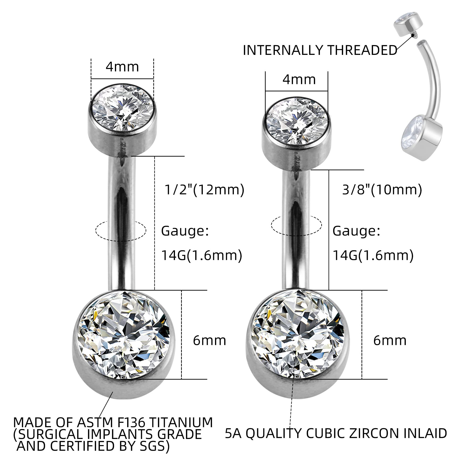 FINE4U Titanium Belly Button Rings 14G 10mm - ASTM F136 Implant Grade Real Titanium Belly Ring, Internally Threaded Hypoallergenic Navel Piercing Jewelry for Gift idea (Clear)
