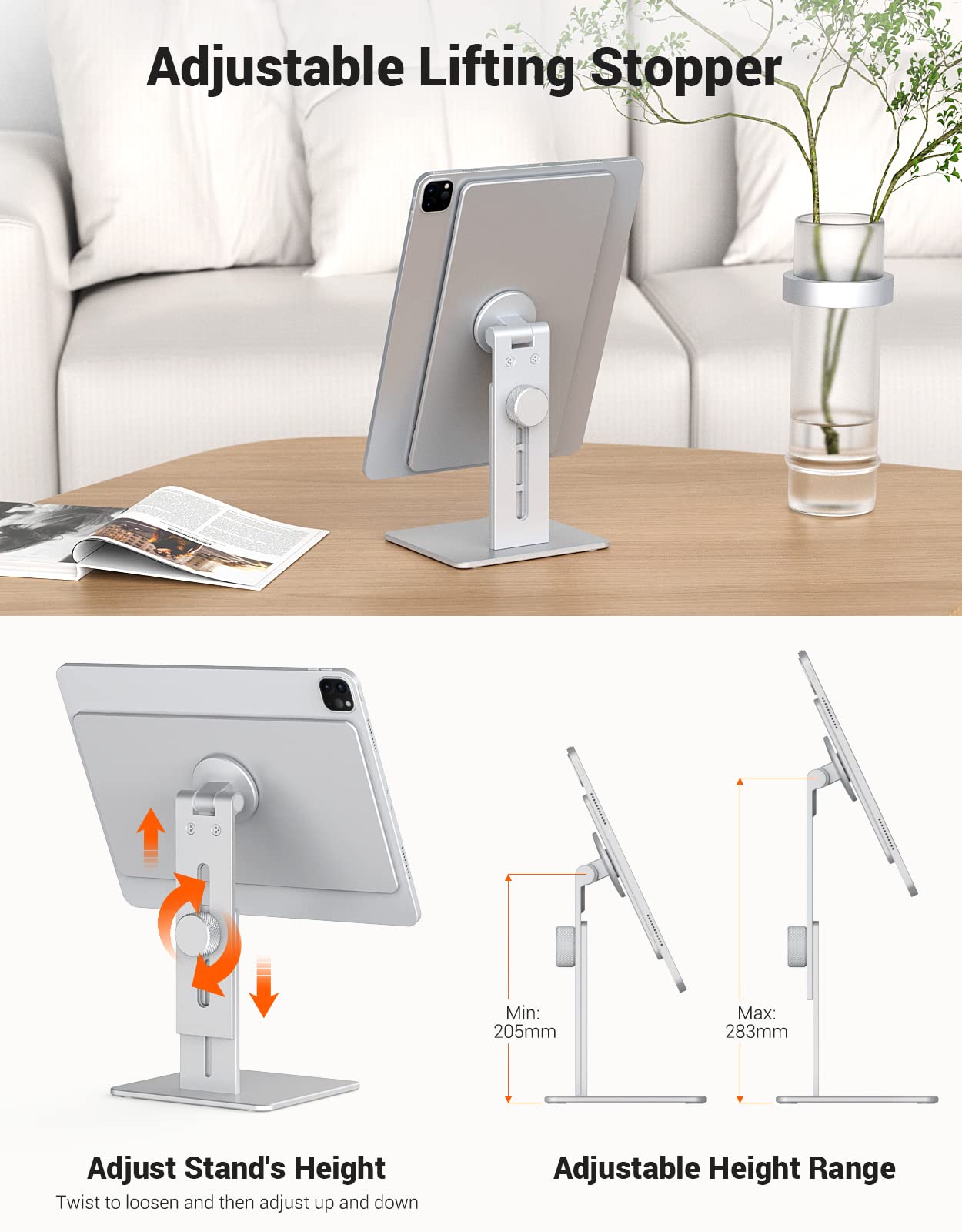 MoKo Magnetic iPad Stand, Aluminium Portable iPad Tablet Holder Compatible Apple iPad Pro 12.9 Inch 3rd/4th/5th Generation, Adjustable and Rotatable Floating Magnetic iPad Pro Stand Holder, Silver