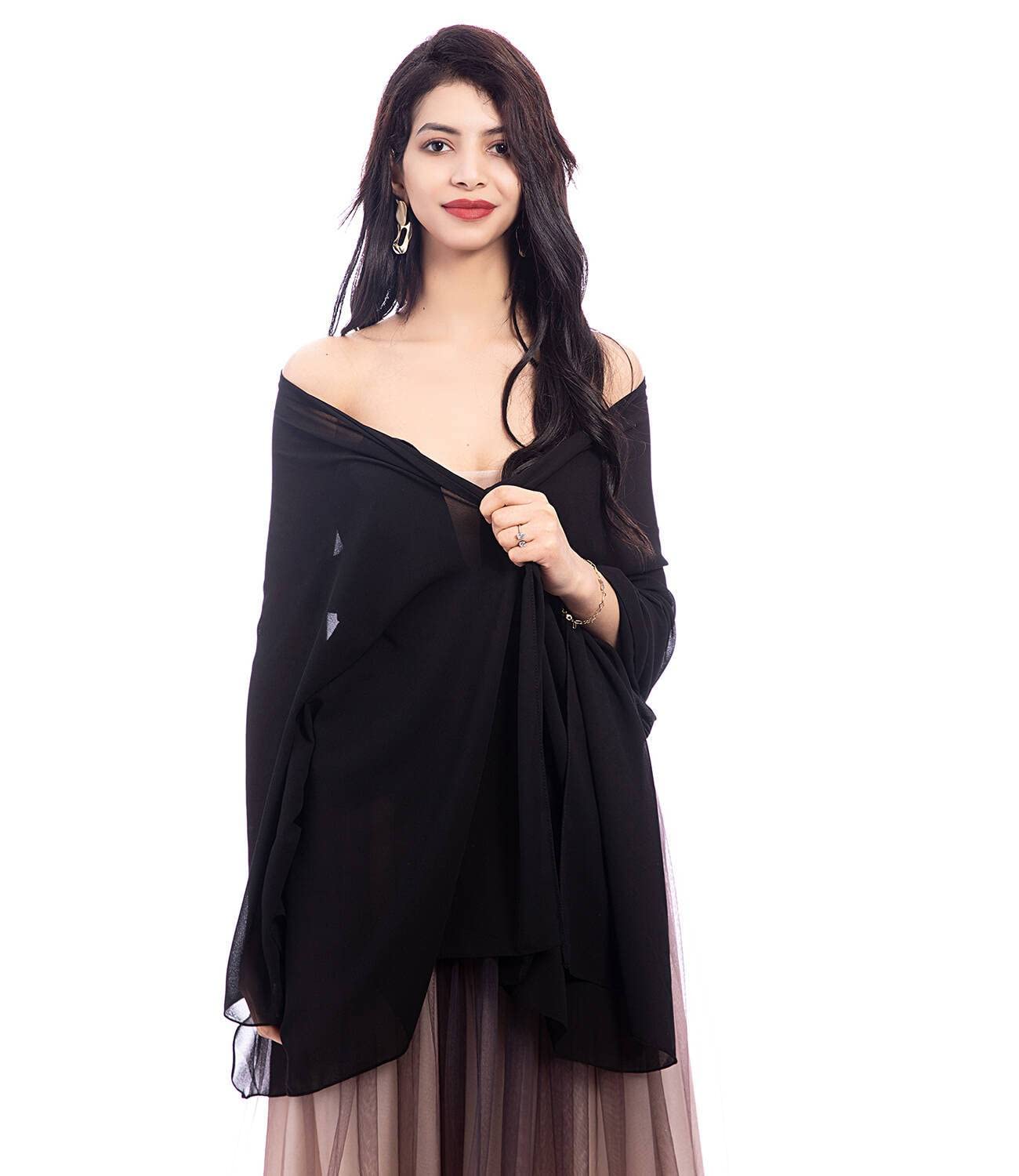 Finercore Womens Large Chiffon Shawl Wraps Scarf for Evening Dresses Bridal Bridesmaid Shawl for Wedding (Black)