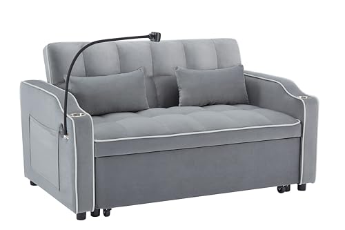 Modern Foldable Sofa Bed with USB Charging Ports,Pull Out Velvet Loveseat Sleeper with Swivel Phone Stand,Futon Couch with Cup Holders & Adjustable Backrest for Living Room,Gray