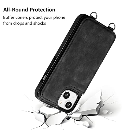 ZTOFERA Wallet Case for iPhone 13,iPhone 13 Case with Crossbody Adjustable Strap Lanyard,Leather Card Holder Shockproof Protective Cover with Stand for iPhone 13,6.1 inch-Black