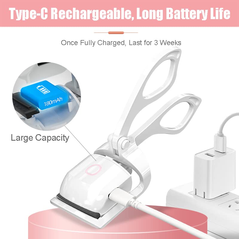 Heated Eyelash Curler, BYVUTE Regular Electric Lashes Curler with Sensing Heating Silicone Pads No Pitching Curler Long Lasting Two Temperature Settings Rechargeable with Pouch