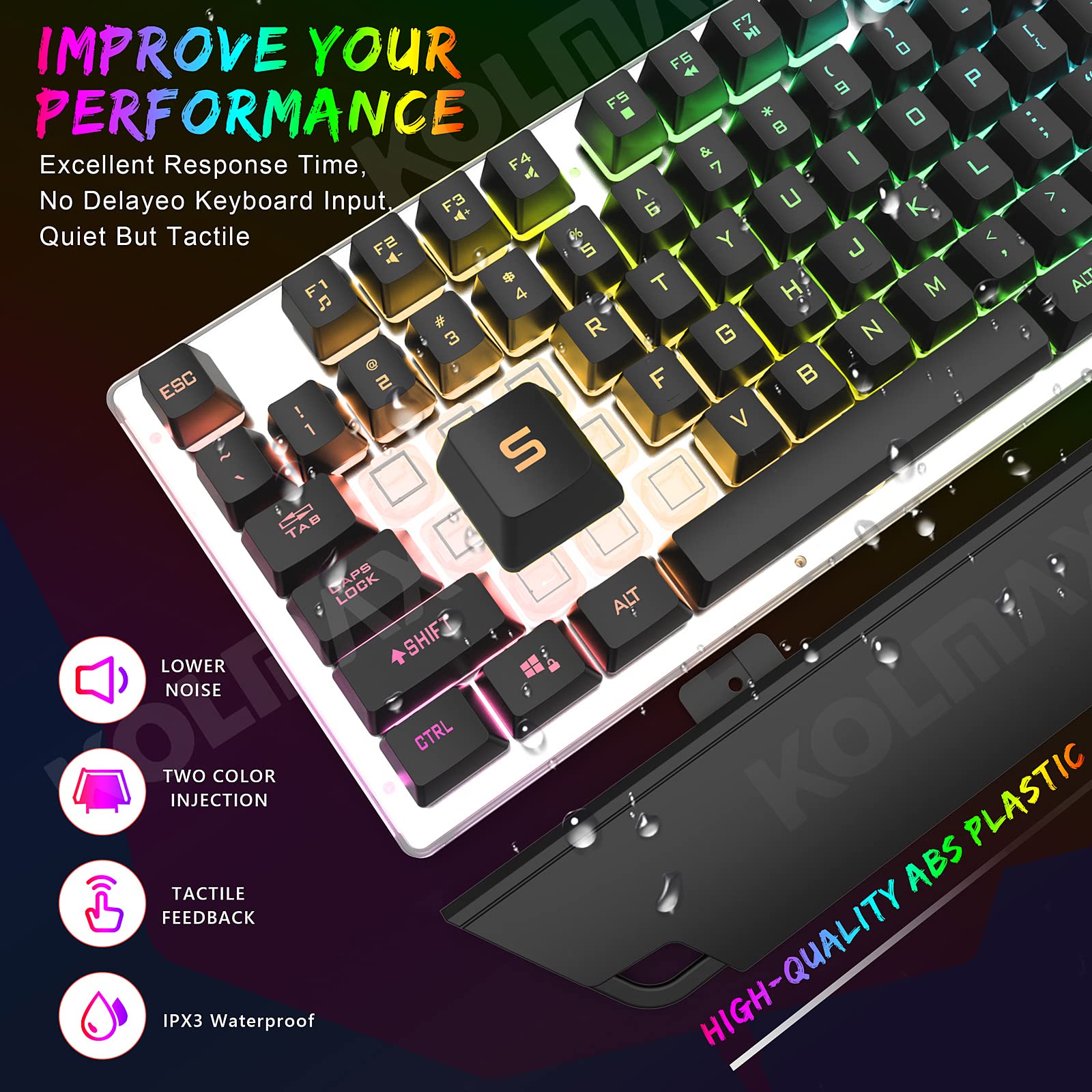 Gaming Keyboard Colorful Rainbow LED Backlit Keyboard with Ergonomic Detachable Wrist Rest,Transparent Aluminum Panel Keyboard with Mechanical Feeling 104 Keys for PC PS4 Xbox Mac,Office/Gaming