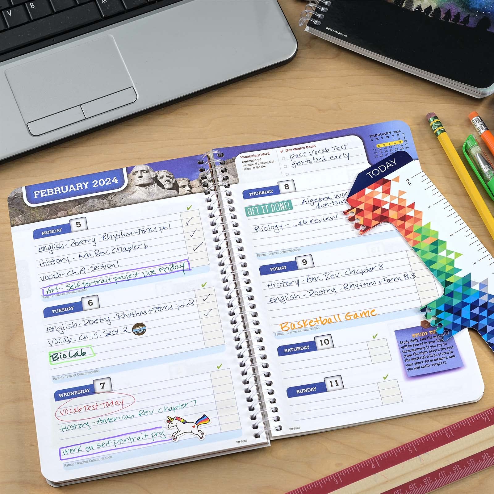Global Datebooks Dated Middle School or High School Student Planner for Academic Year 2023-2024 Includes Ruler/Bookmark and Planning Stickers (Block Style - 5.5"x8.5" - Retro Rainbow)