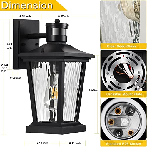 Karuoshirui Motion Sensor Outdoor Wall Lantern,Porch Lights Dusk to Dawn Sensor Exterior Light Fixtures Wall Mount,Aluminum Shell Black Outdoor Wall lamp Water Ripple Tempered Glass Outdoor Light