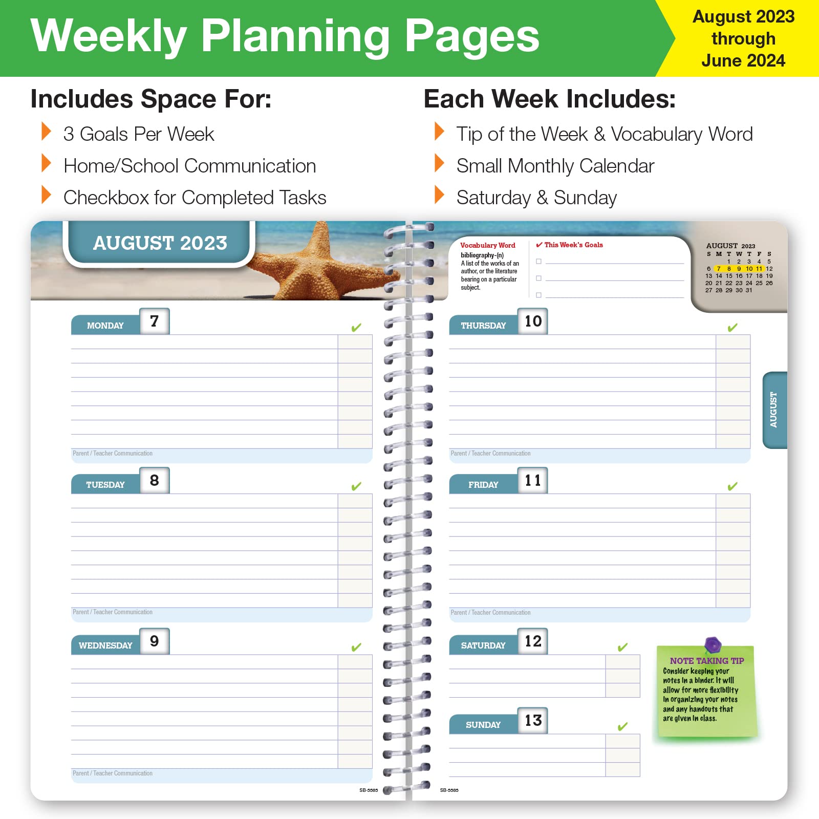 Global Datebooks Dated Middle School or High School Student Planner for Academic Year 2023-2024 Includes Ruler/Bookmark and Planning Stickers (Block Style - 5.5"x8.5" - Galaxy)