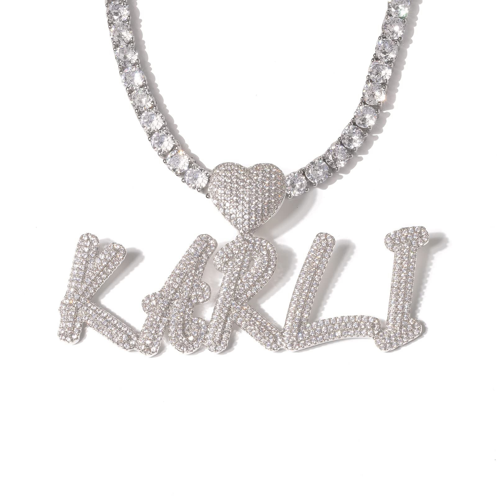 Iced Out Personalized Cursive Name Heart Necklace, Custom Nameplate Pendant Handmade with Cuban Link Chain, Hip Hop Initial Letter Diamond Jewelry Gifts Gold and Silver Color Plated for Man and Woman (Silver/Heart Hook)