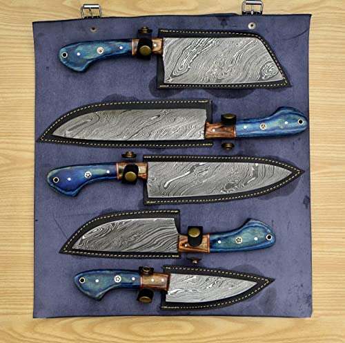 Handmade 5 Pieces Set, Knife Hand Forged Chef Knives Kitchen Set Damascus Steel Knives Gift Item for Her,Fine Tool Professional Chef Knives Set Vegetable Meat Cooking Knife with BLUE Solid Wood Handle