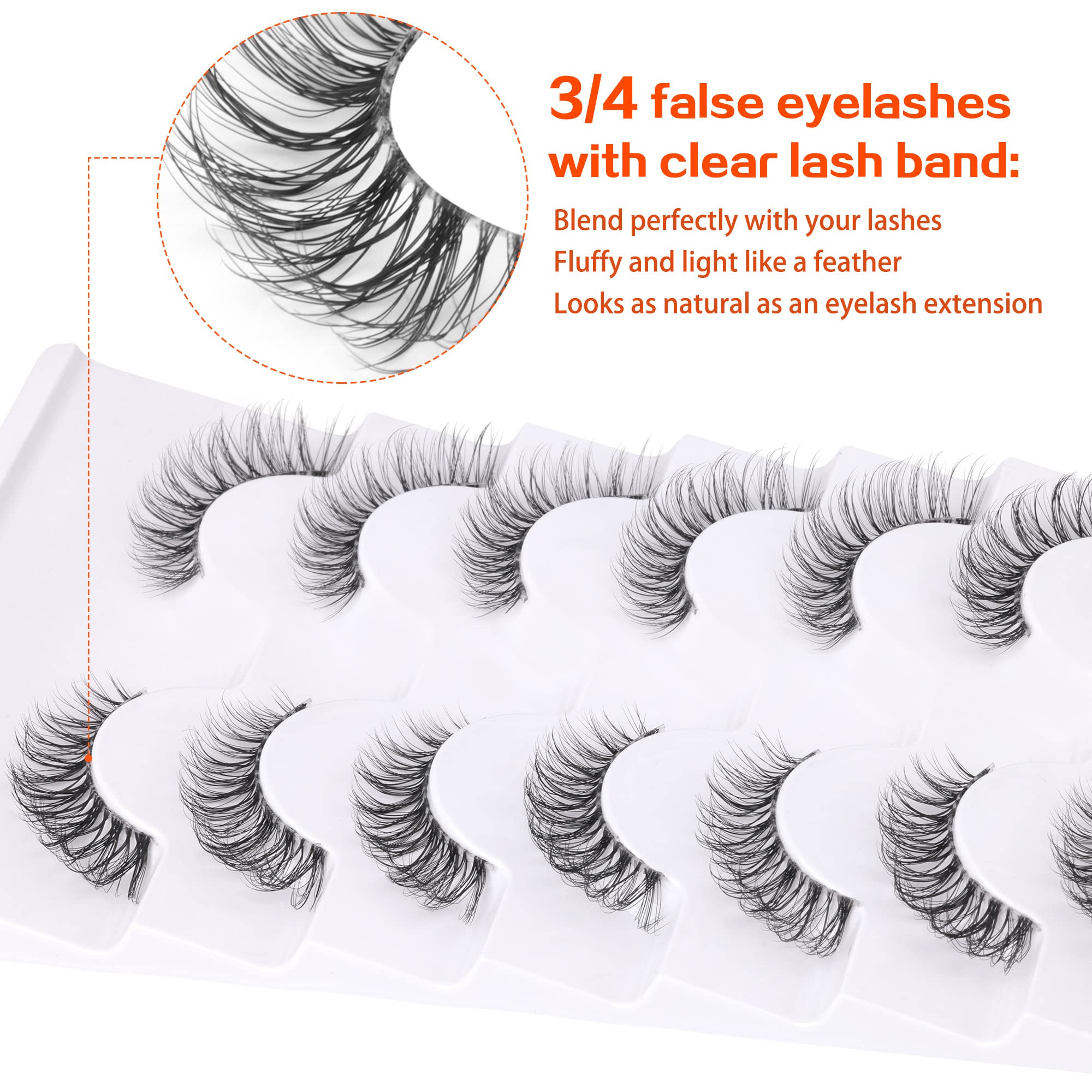 Lashes Natural Look False Eyelashes Wispy Fluffy Strip Fake Eyelashes Short 3/4 Lashes Volume Cat Eye Faux Mink Eye Lashes with Clear Band Pack 7 Pairs ALICROWN