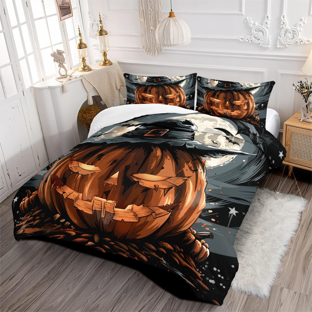 Menkala Halloween Chic Full Bedding Set Jack-O'-Lantern Duvet Pumpkin Lantern Comforter All Season Black Bats Animal Breathable Bedding Breathable Twinkling White Spider Silk Bat Bed Set Kid