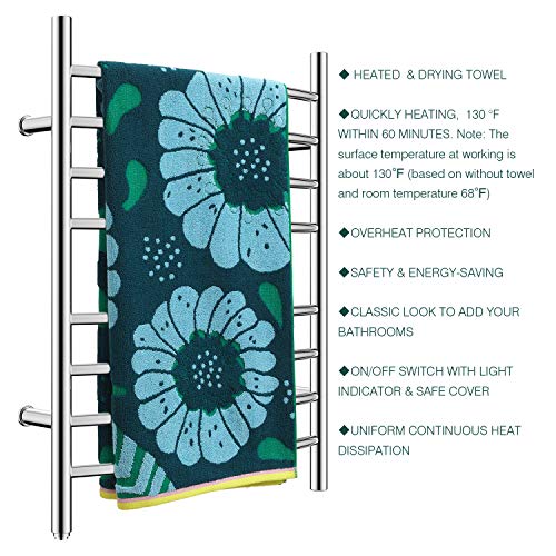 HEATGENE Towel Warmer 8 Bar Plug-in Curved Bath Towel Heater Towel Warmer for Bathroom Plug-in Drying Rack Mirror Polish
