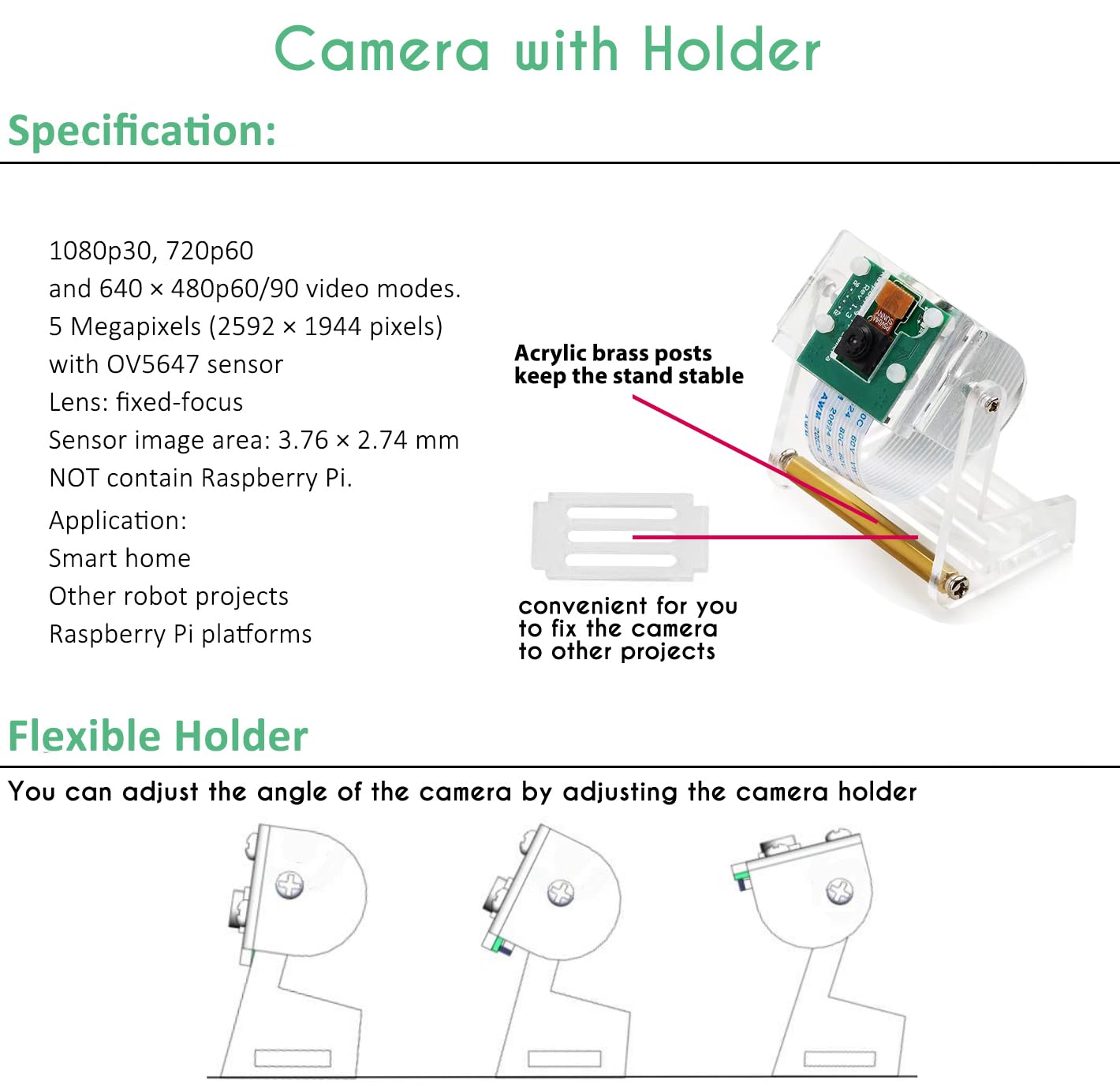 LK COKOINO 5MP Camera Module for Raspberry Pi 4 Model B, Pi 3 b+, Pi Zero W 1080P Video Camera with Adjustable Holder and Flex Cable, OV5647 Sensor, High Resolution