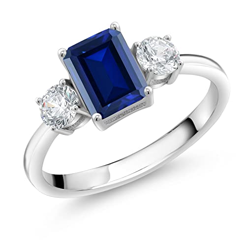 Gem Stone King 925 Sterling Silver Blue Created Sapphire 3-Stone Women Engagement Ring (2.00 Cttw, Emerald Cut 8X6MM, Available In Size 5, 6, 7, 8, 9)