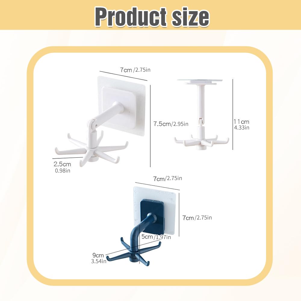 Poouty 360° Rotating Self Adhesive Utility Hook, 2024 New Under Cabinet Hooks Adhesive Kitchen Hooks for Hanging Utensils Holder Hanger Storage Rack for Kitchen Utensils Organizer (6Hooks, 2 Black)