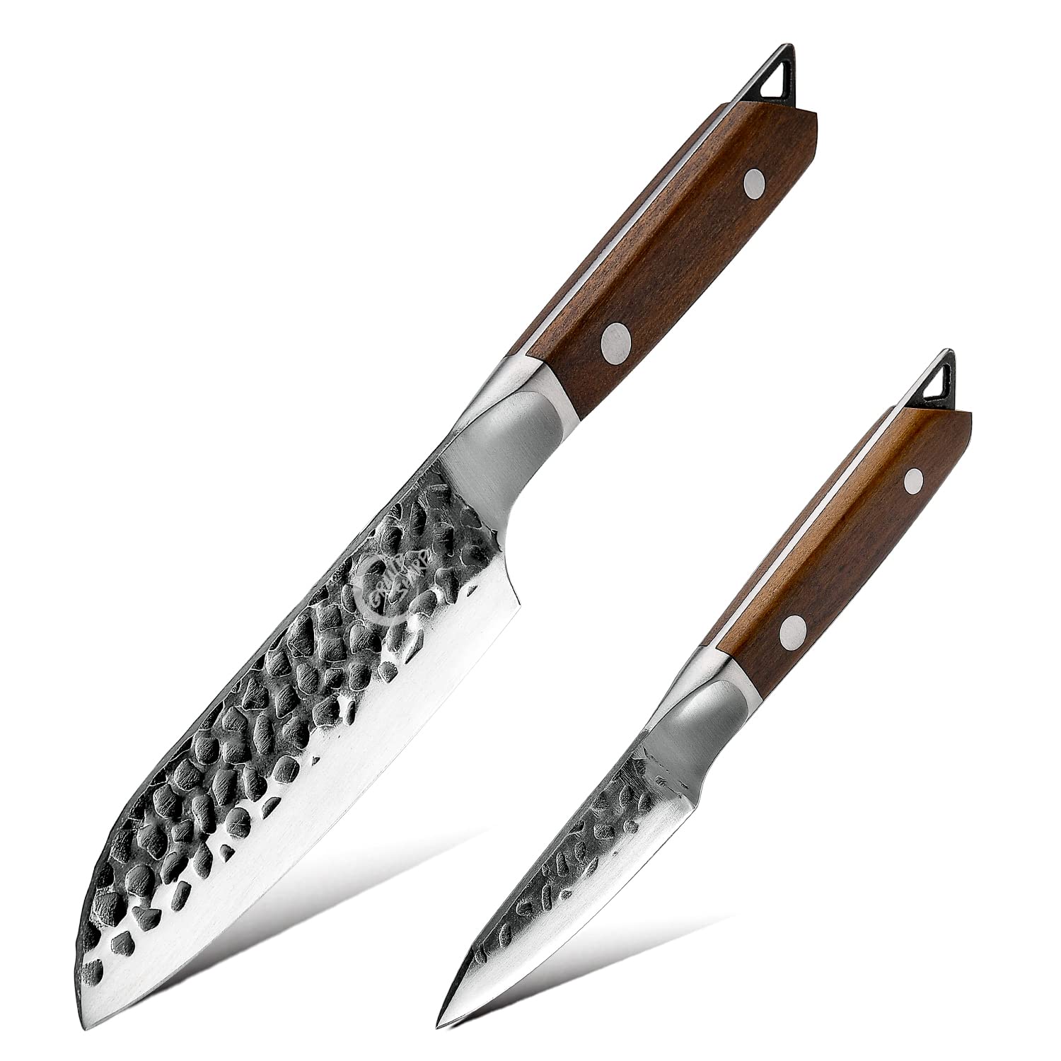 Momo's House 5 Inch Santoku Knife and 3 Inch Small Paring Knife with Ergonomic Ebony Handle - Sharp Forged Carbon Steel Handmade Fruit Kitchen Knives with Elegant Gift Box and Sheaths, 2Pcs