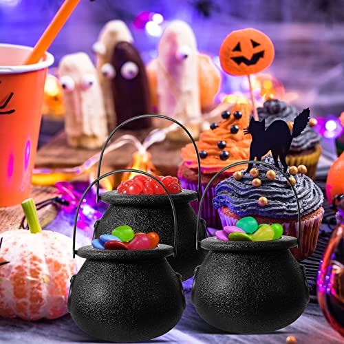 Sawysine 40 Pcs Halloween Plastic Cauldron Mini Black Witches Cauldron with Handle Halloween Candy Bucket Small Cauldron Pot