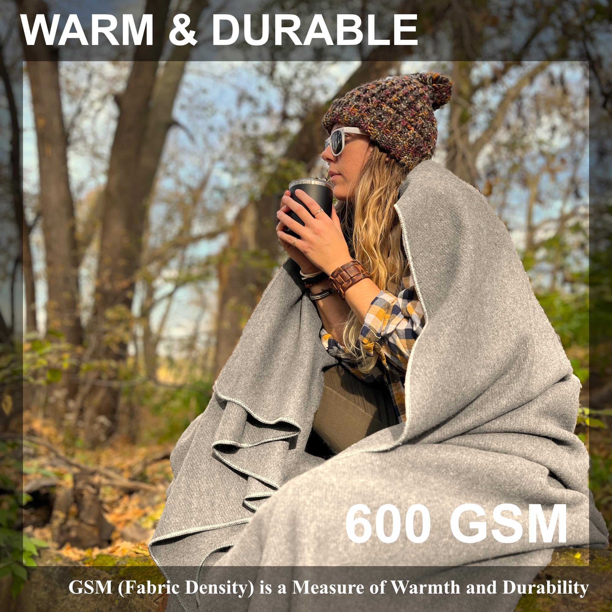 EKTOS 100% Wool Blanket, 90" x 66", Warmest Blanket, Military Blanket, Thick Wool Blanket (Light Grey, Twin Size)