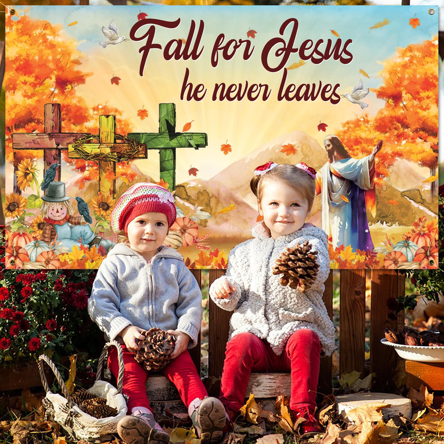 Fall for Jesus He Never Leaves Banner, Fall for Jesus He Never Leaves Decorations, Fall Banner for Christian Fall Decorations, Fall Festival Decorations-71"x44"