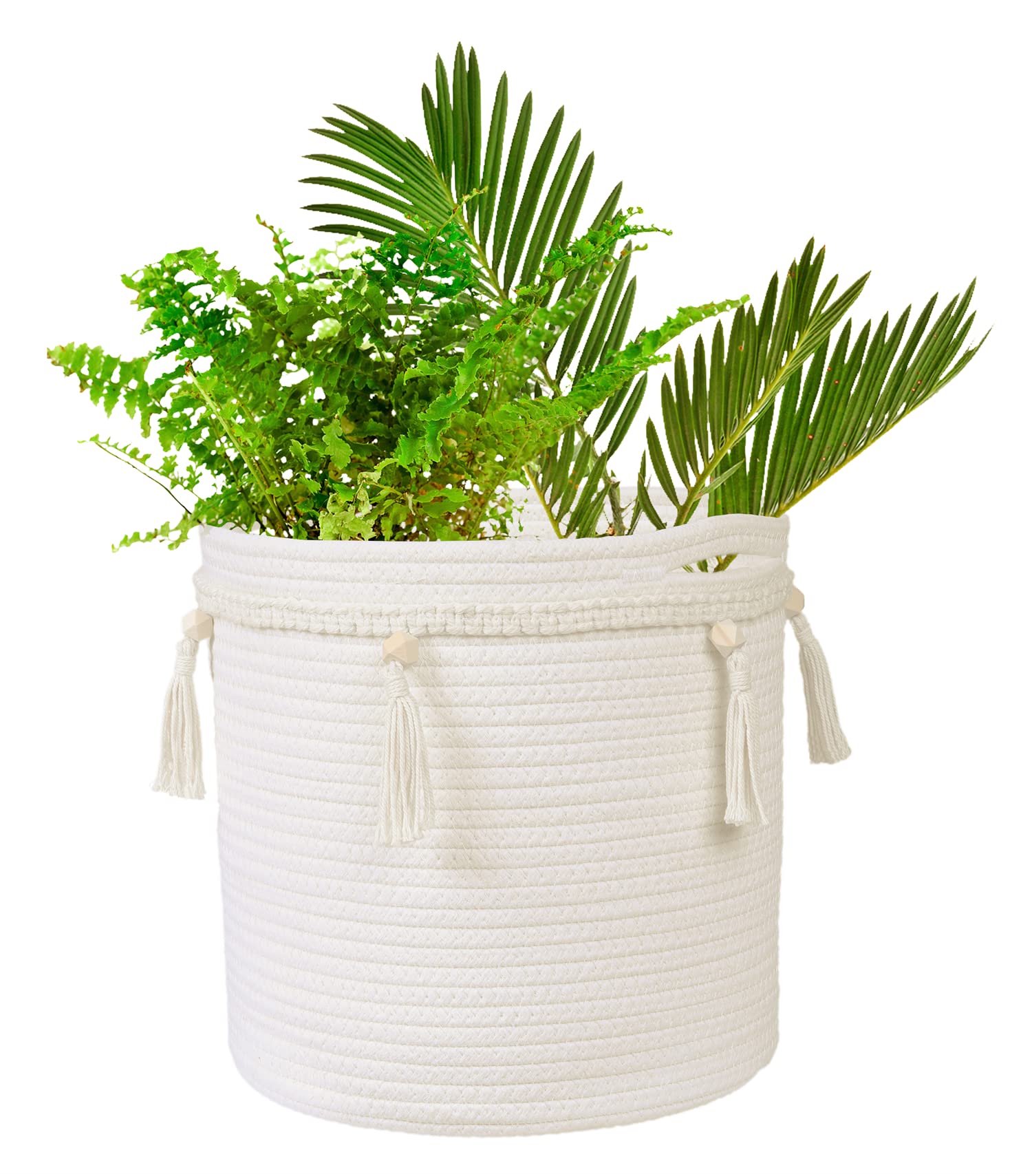 guzhiou Boho Basket with Cute Macrame Woven Tassel, Cotton Rope Storage Bins Organizer for Boho Room Decor,Bedroom Decor,Plant Basket 11"X11"
