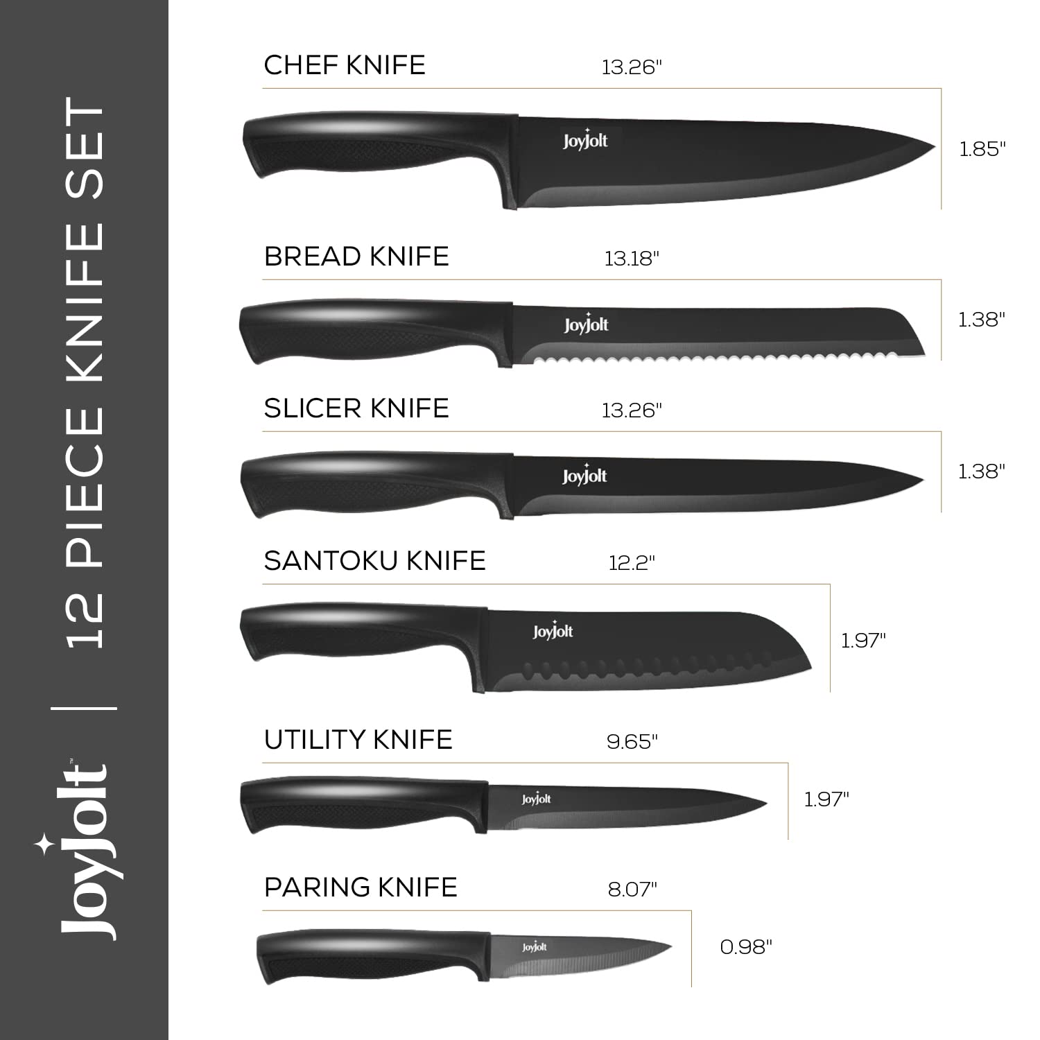 JoyJolt 12pc Kitchen Knives Set (Black). Chefs Knife Set with Sheath Covers. Chef, Butcher, Bread, Slicing, Santoku, Utility and Paring Home And Kitchen Knives Sets