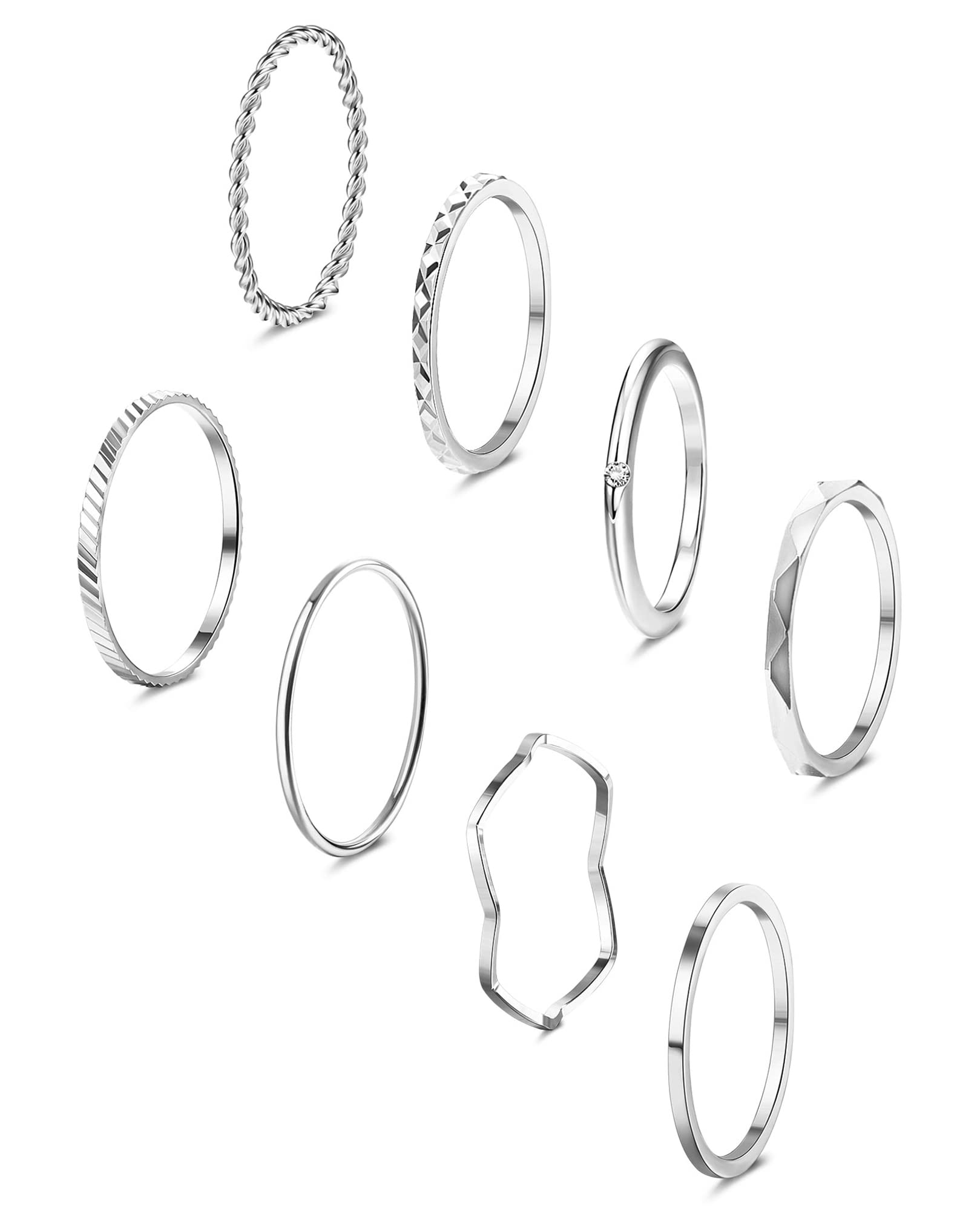FIBO STEEL 8Pcs 1mm Cute Minimalist Band Rings for Women Simple Stacking Knuckle Ring Set Silver Plated Midi Finger Rings Size 6