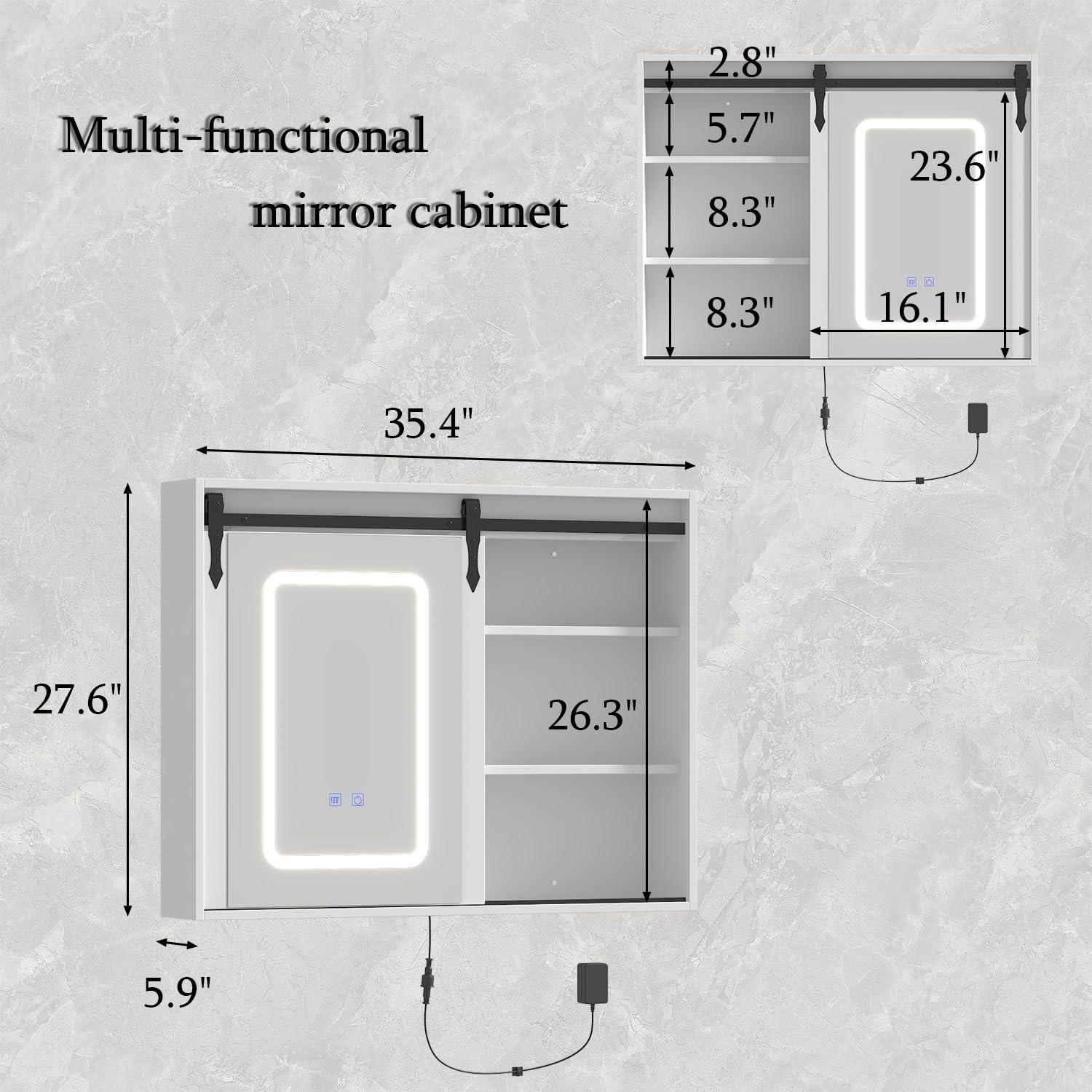 Lovinouse Medicine Cabinet for Bathroom with Mirror Sliding Door & LED Lights, Large Rectangle Wall Mounted Storage Cabinet w/Glass Doors, Shelves & Anti-Fog Function, 35.4 X 27.6 Inch, White