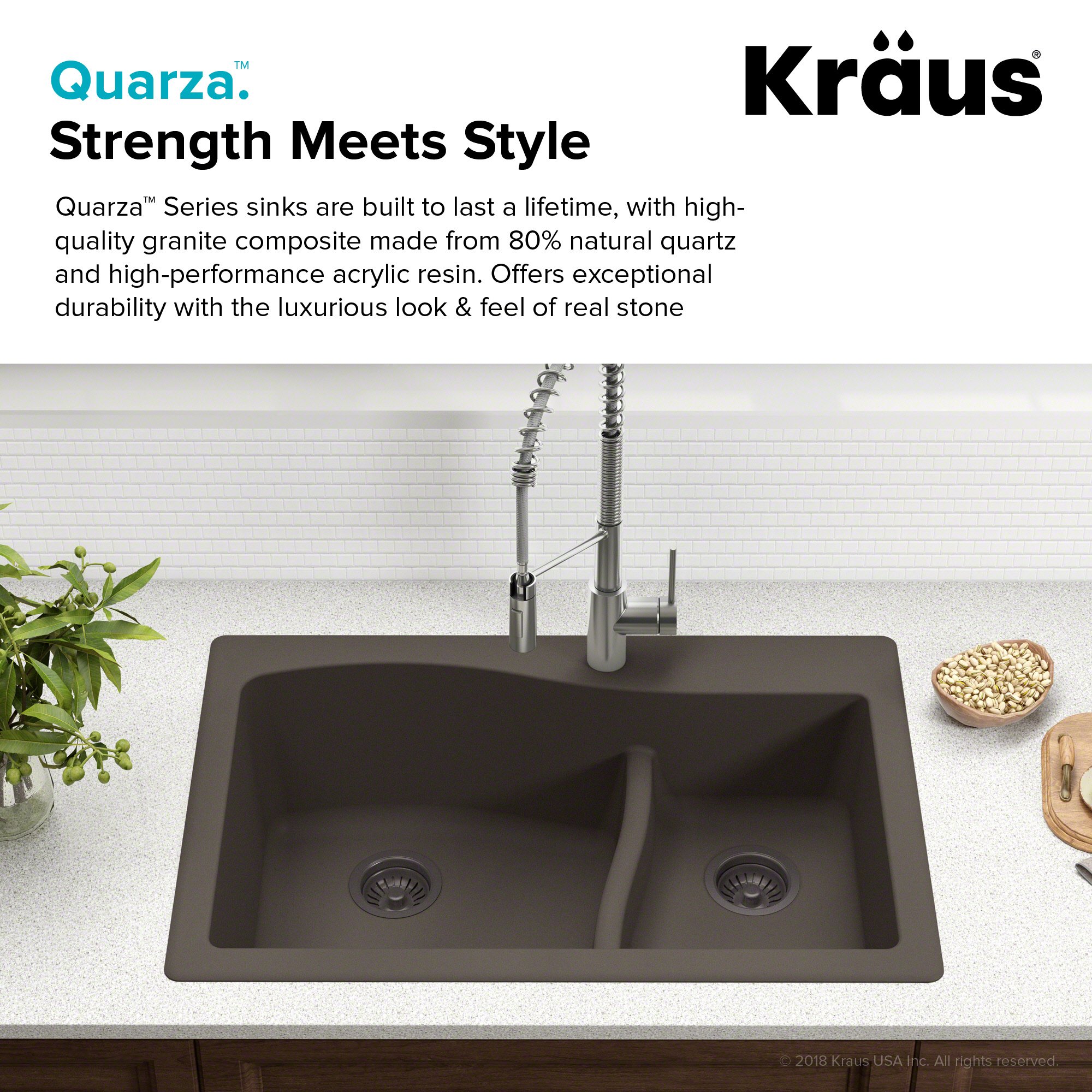KRAUS KGD-442 Quarza 33-inch 33β Dual Mount 60/40 Double Bowl Granite Kitchen Sink in Black