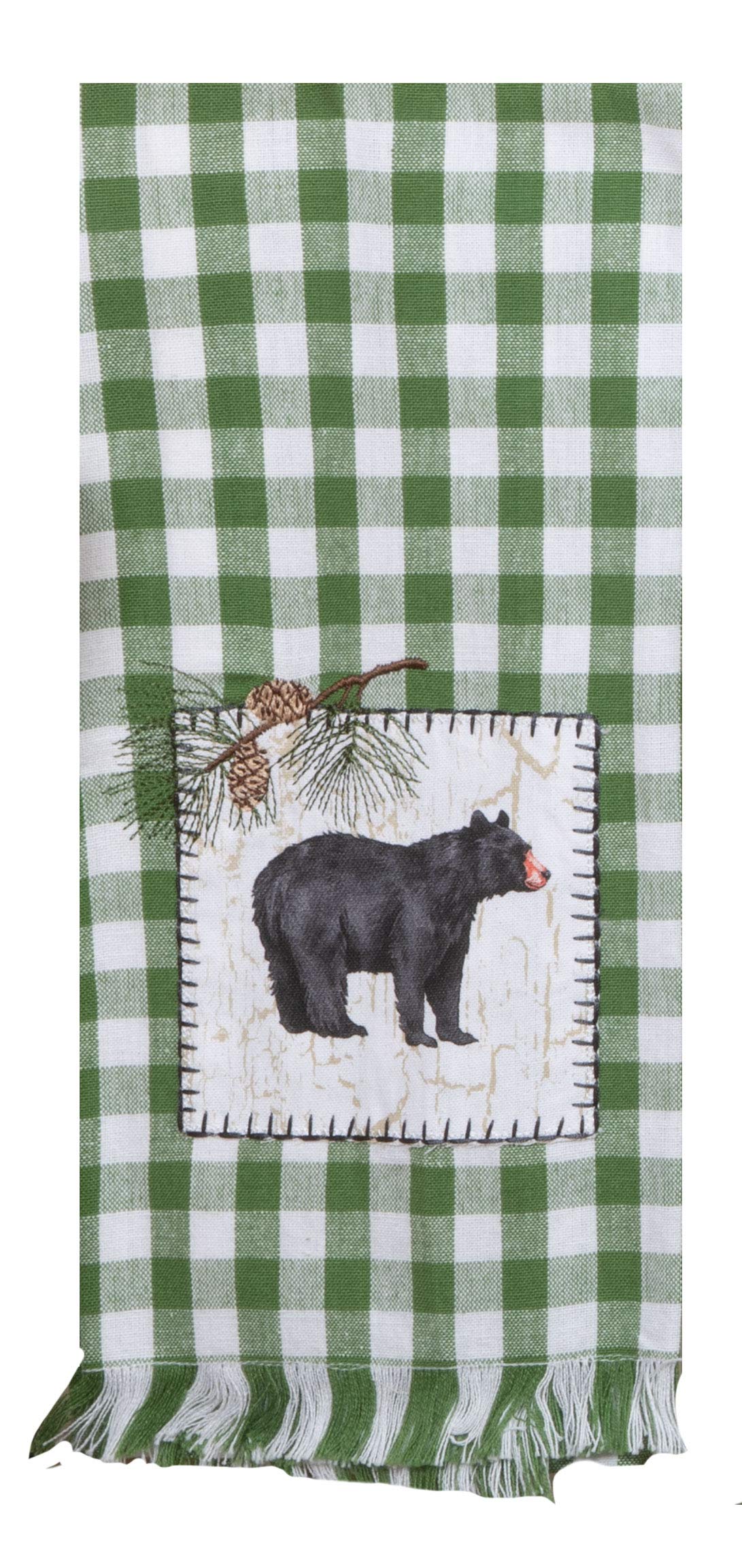 KayDeeDesigns 2 Piece Pinecone Trails Bear Kitchen Towel Set, Green Gingham Applique Tea Towel and Dual Purpose Terry Towel Multi-colored