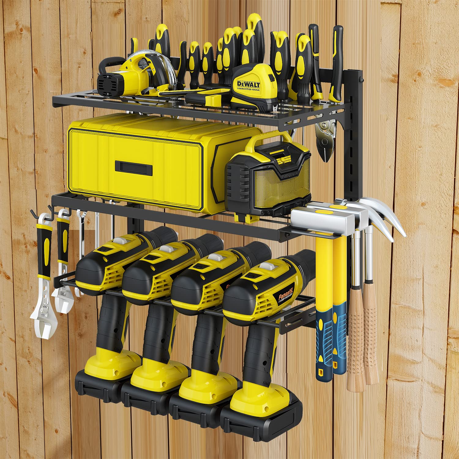 junyuan Power Tool Organizer, Adjustable Wall Mounted Storage Rack for Drills and Screwdrivers, 3 Layer Black Steel