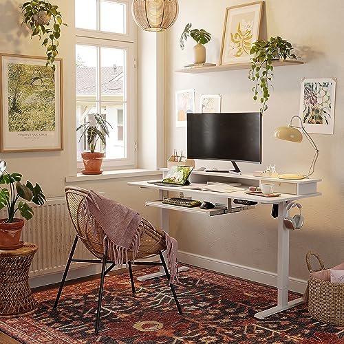 FEZIBO Height Adjustable Electric Standing Desk with Keyboard Tray, 55 x 24 Inch Stand Up Table with Storage Shelf, Sit Stand Desk, White Top