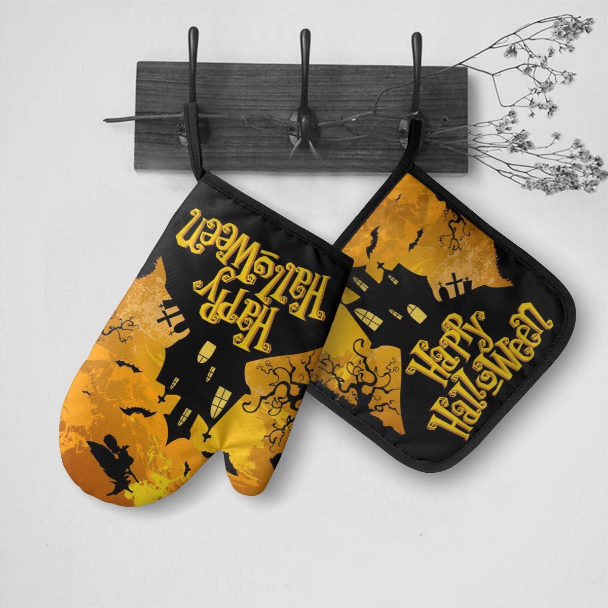 Halloween Funny Oven Mitts and Pot Holders Sets Heat Resistant Oven Gloves with Non-Slip Surface for Reusable for Baking BBQ Cooking