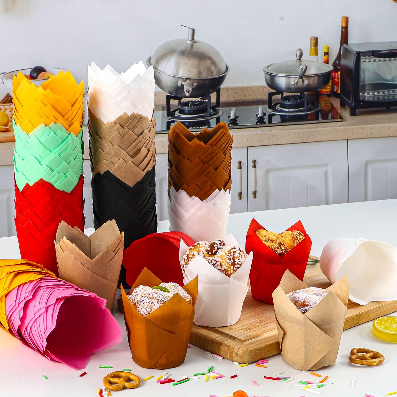 Gifbera 200pcs Natural Tulip Cupcake Liners Paper Baking Cups with Unbleached Parchment Paper, Medium Tulip Muffin Liners Cupcake Wrapper for Party, Wedding, Christmas, Birthday