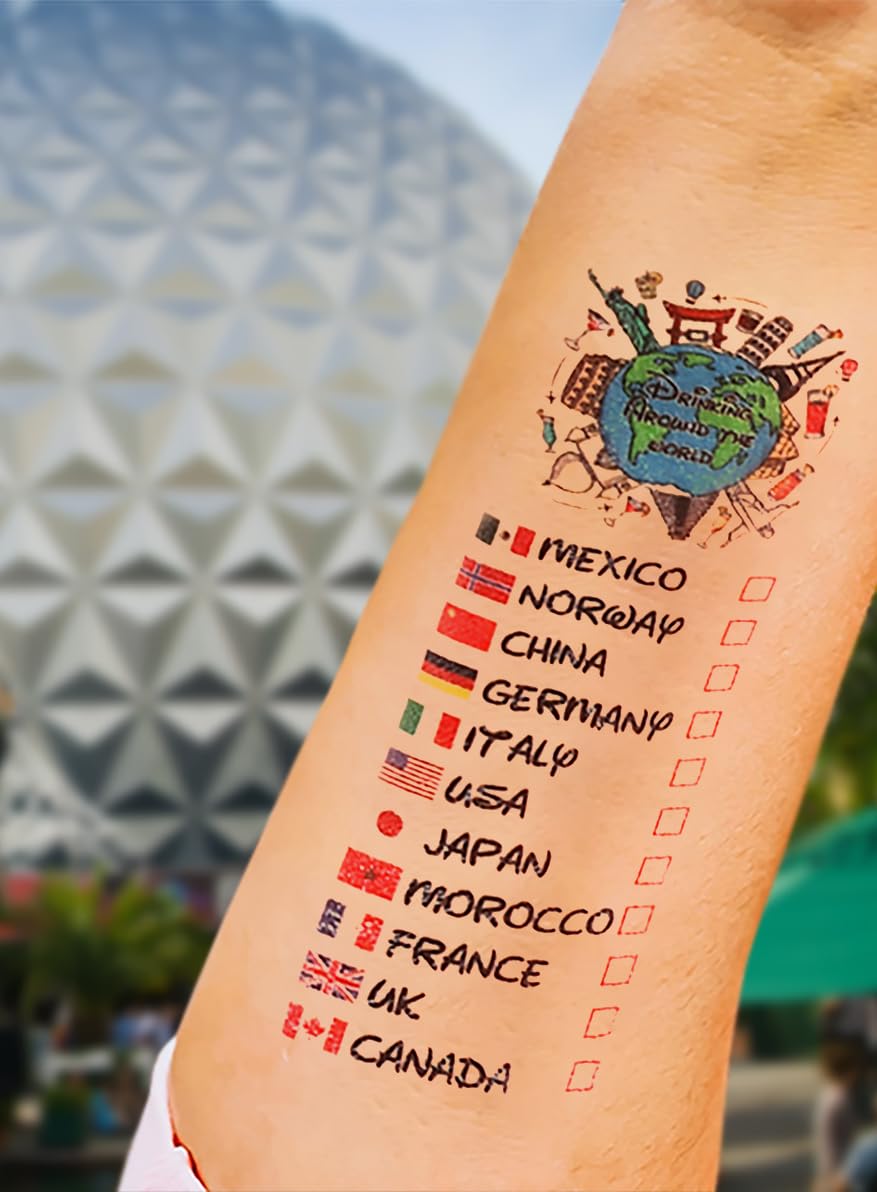 Drinking Around The World - Pack Of 4 Tattoo - Perfect For Trip To Epcot