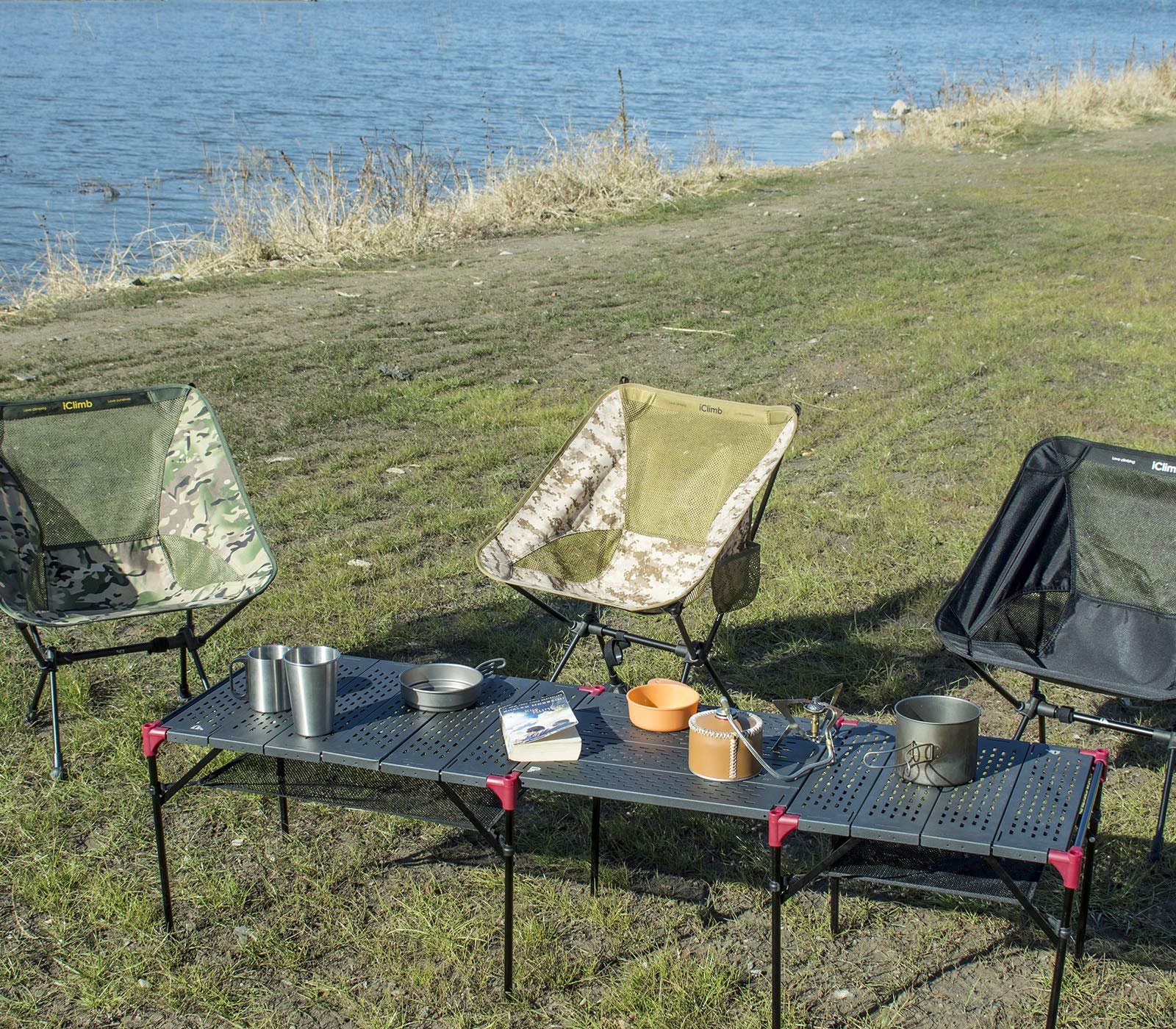 iClimb 1 Anti-Sinking Large Feet Chair and 1 Extendable Table Bundle, Ultralight Compact for Single Adult Outdoor Backpacking Camping Hiking Beach Concert
