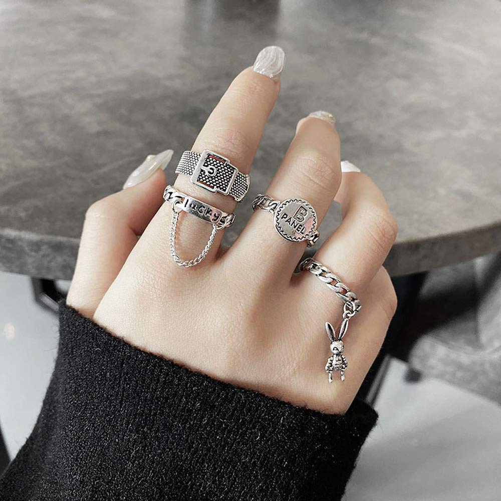 GulCean Adjustable Ring Set for Women Men Vintage Silver Stylish Cool Goth Kpop Hippie Anime Emo Lucky B Letter Rabbit Belt Buckle Charms Chain Rings Set Gift 4pcs (Vintage Silver)
