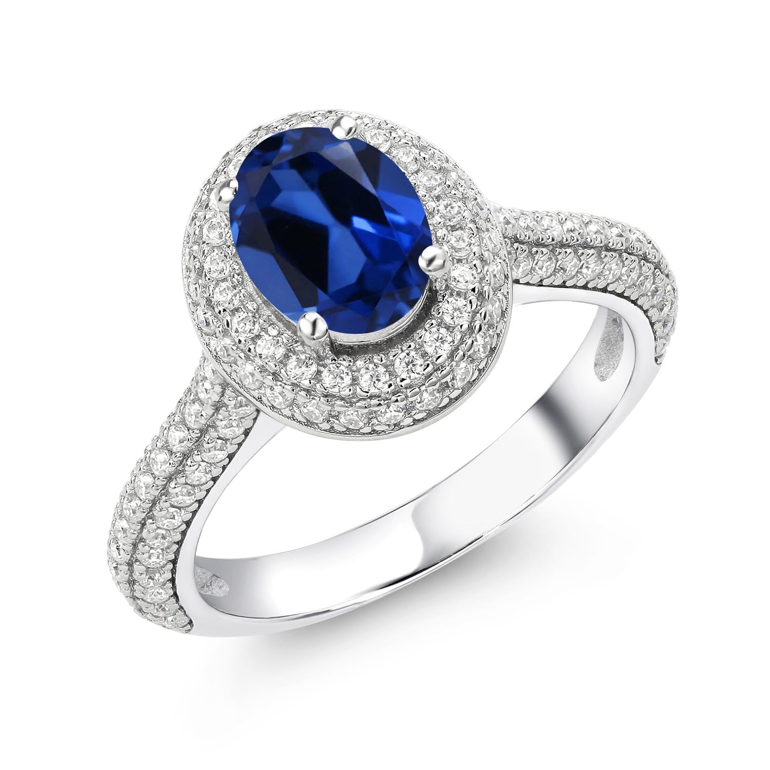 Gem Stone King 925 Sterling Silver Oval Blue Created Sapphire and White Moissanite Engagement Ring For Women (2.24 Cttw, Available In Size 5, 6, 7, 8, 9)