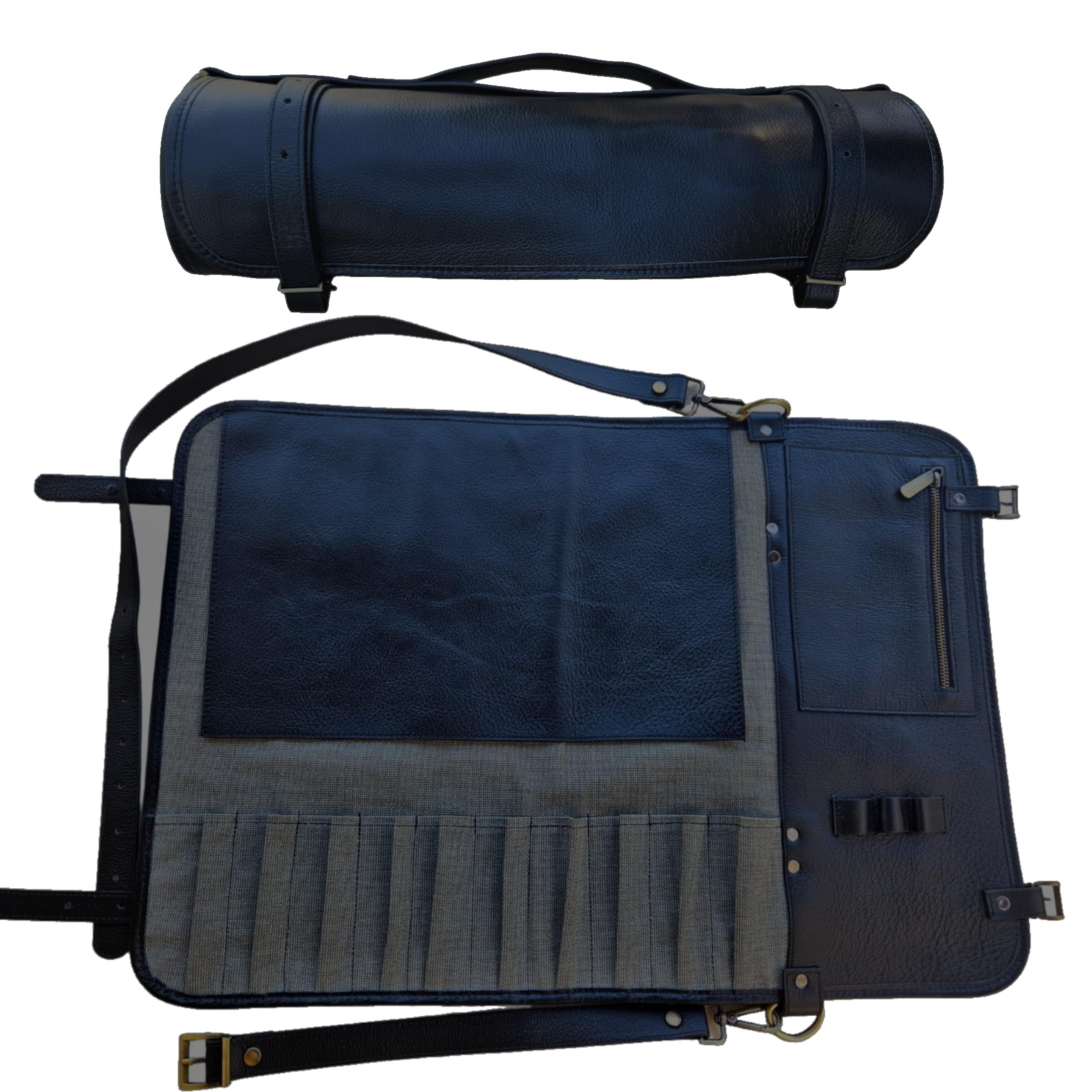 Modusso 100% Leather Handcrafted Professional Chef Knife Storage Roll Bag - 10 slots and zippered pocket (Regular, Black)
