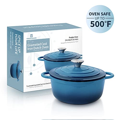 Trustmade 4.5 QT Cast Iron Dutch Oven, Enamel Coated Cookware Pot with Self Basting Lid for Home Baking, Braiser, Cooking, Blue