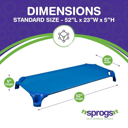 Sprogs Heavy-Duty Stackable Standard Size 52"L Daycare Cots for Kids and Toddlers, Stacking Preschool Classroom Kids Cots for Sleeping, Resting, Naptime, Pack of 6, Blue