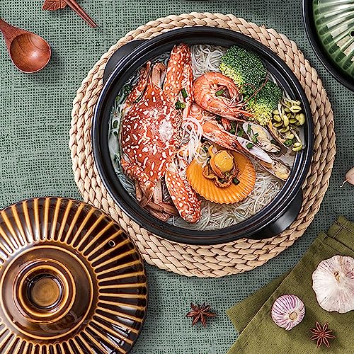 Sanbege Large Korean Ceramic Bowl with Lid and Trivet, 54 oz Sizzling Hot Pot with Double Handles for Cooking and Serving Dolsot Bibimbap, Soup, Rice, Stew, Casserole, Noodle (Retro Copper)