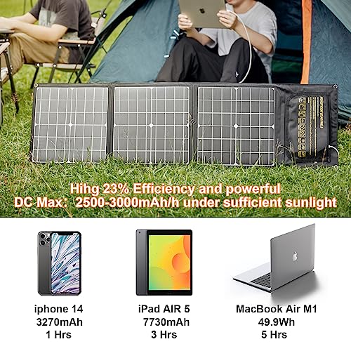 KAUWOX 60W Portable Solar Panel, 23% High Efficiency,USB QC 5V 3.0A&USB Type-C 5V 2.4A&DC 18V Power Output Interface ,IP65 Water & Dustproof Design for Phones, Tablets, Digital Cameras,Camping