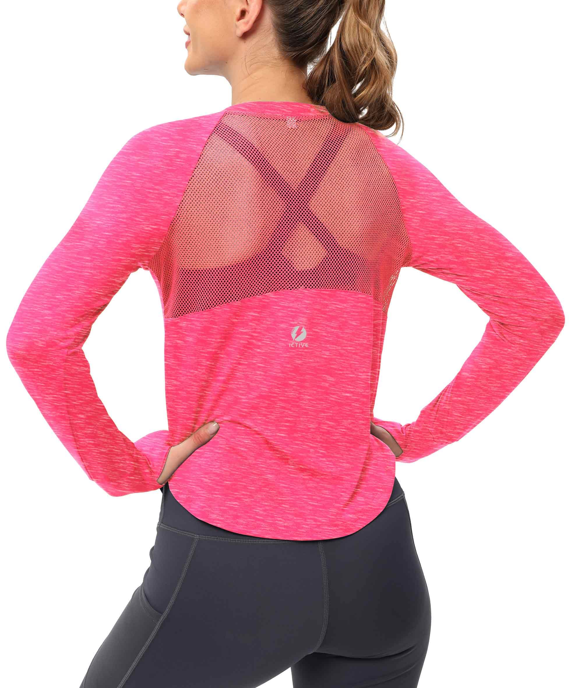ICTIVE Long Sleeve Workout Shirts for Women Workout Tops Running Yoga Gym Shirts with Thumb Hole Breathable Mesh Back Woman's Tee Shirts Rose L