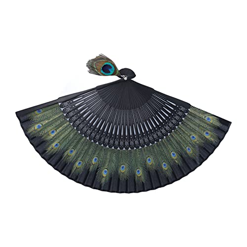Handheld Folding Fan, Chinese Style Black Beautiful Peacock Pattern Antique Bamboo Hand Fan for Performance Clothes Decoration Gift, Folding Fan Bag Hand Bamboo Decorative Fans Chinese Pride held