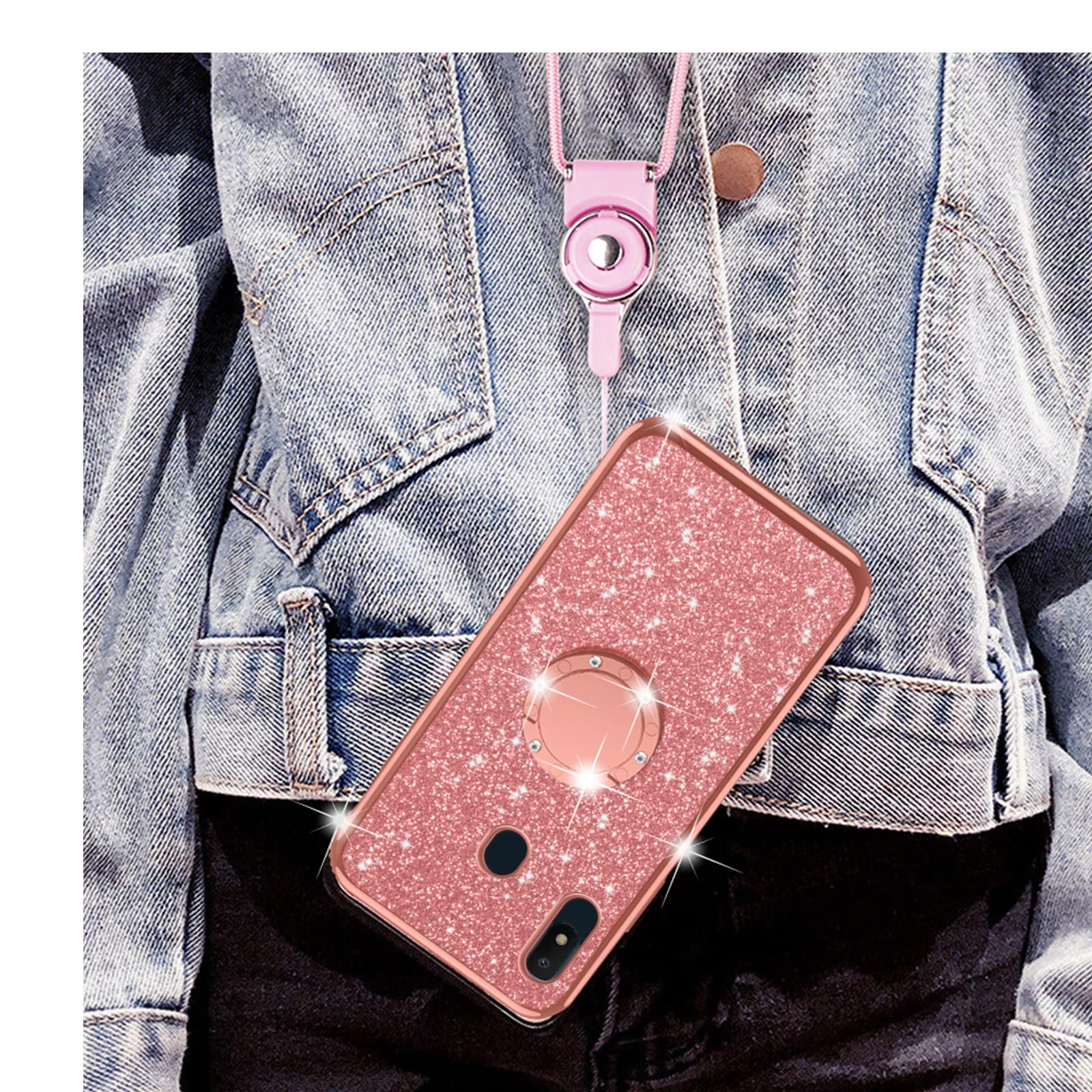 for Samsung Galaxy A10E Phone Case Girls Women Cute Rhinestone Glitter TPU Case with Ring Stand Strap Lanyard Shockproof Protection Cover for Samsung Galaxy A20E -Rose Gold