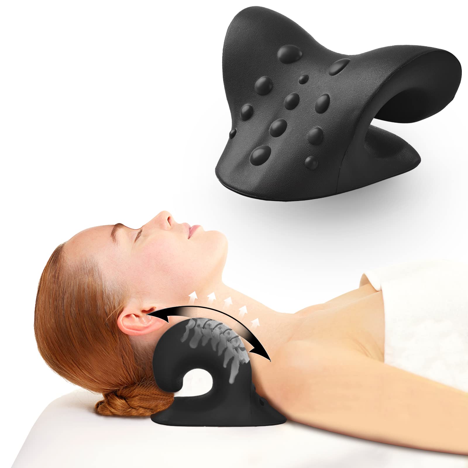 ELEVON Neck Stretcher for Pain Relief,Cervical Traction Device Pillow for Muscle Relax and Neck Hump Correction, Neck and Shoulder Relaxer for TMJ Pain Relief and Cervical Spine Alignment (Black)