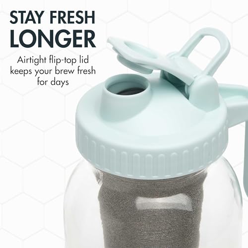Primula Mason Jar Cold Brew Iced Coffee Maker with Stainless Steel Filter and Easy Pour Lid, Durable Glass Pitcher Fits in Most Fridge Doors, Dishwasher Safe, Made without BPA, 2-Quart, Aqua